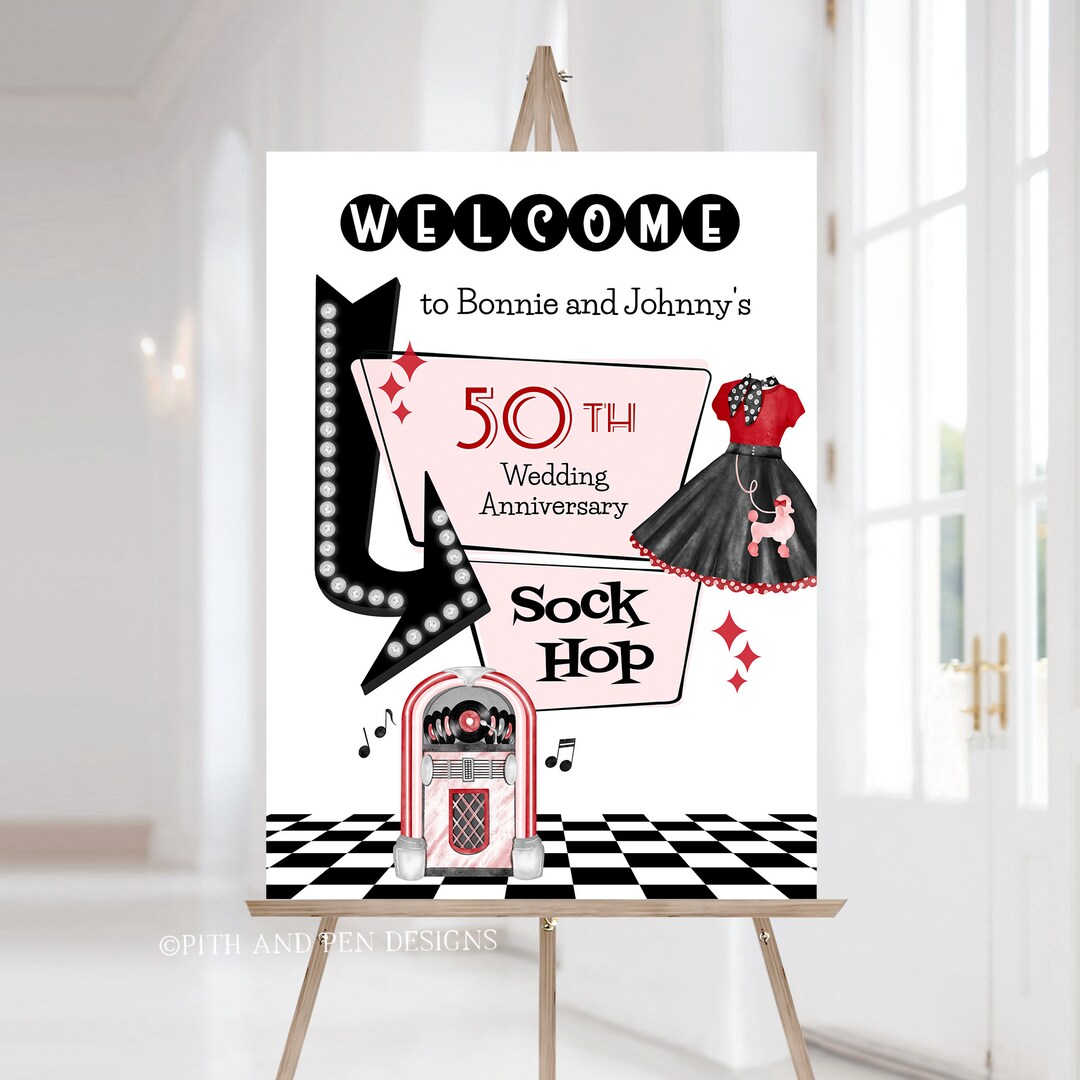 Printable 1950's Anniversary Party Sign, Printable Welcome Sign, Corjl ...