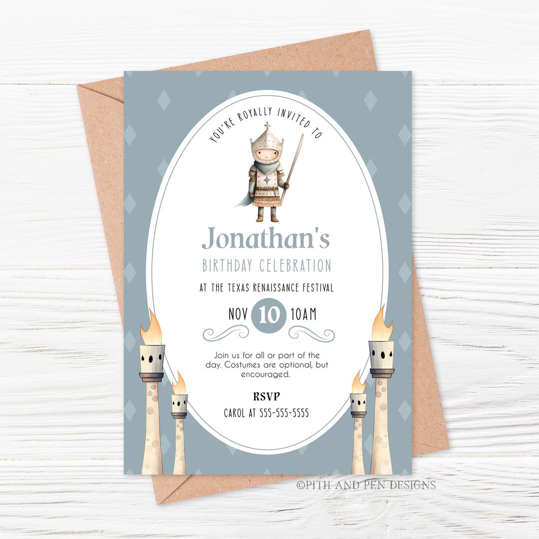 Knight Birthday Invitation | Printable Renaissance Party | Corjl #087 ...