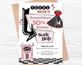 50's Sock-hop Birthday Party Invitation, Printable Pink and Black Sock ...
