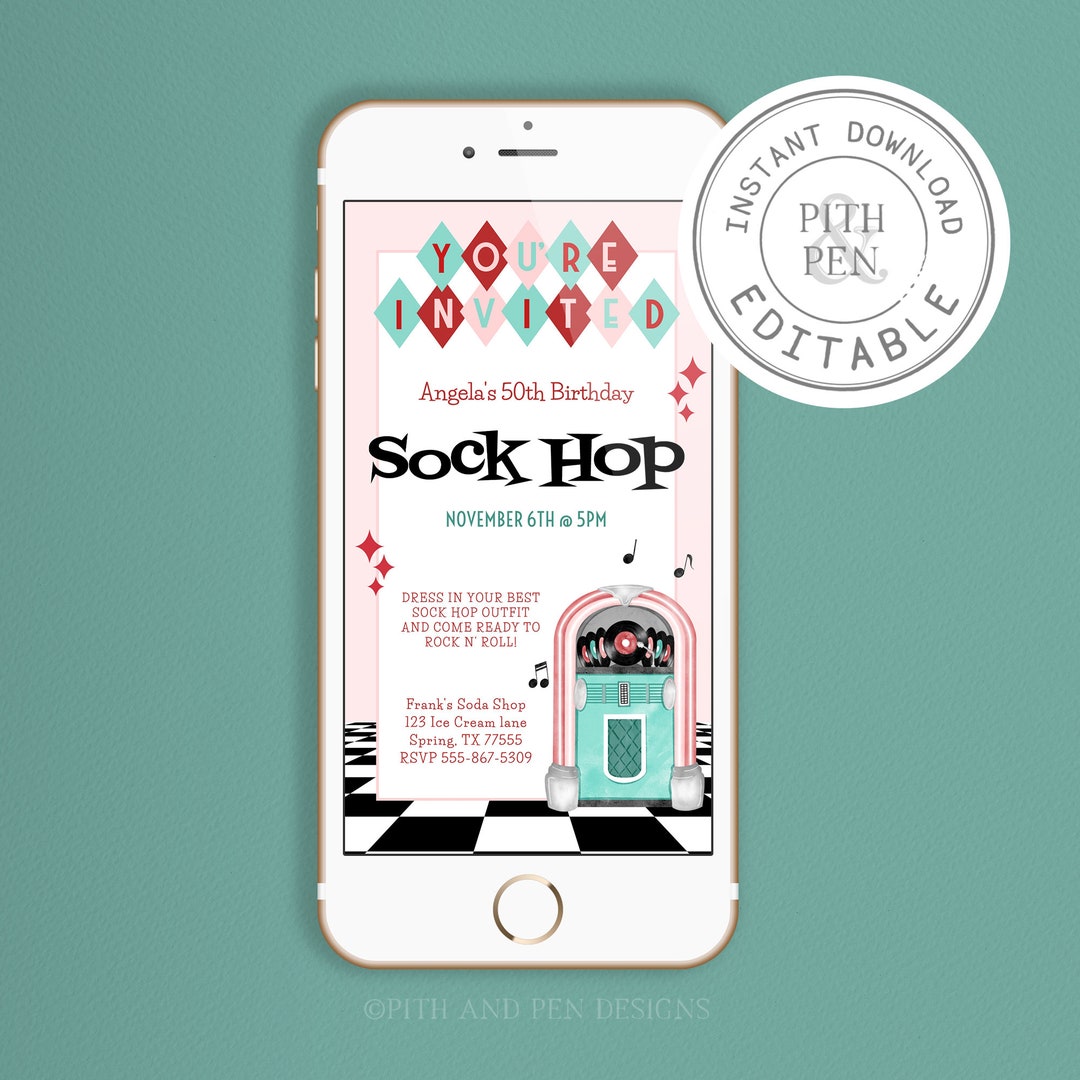 Digital Sock Hop Birthday Party Invitation Pink and Green - Etsy