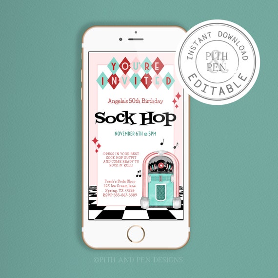 Digital Sock Hop Birthday Party Invitation Pink and Green - Etsy