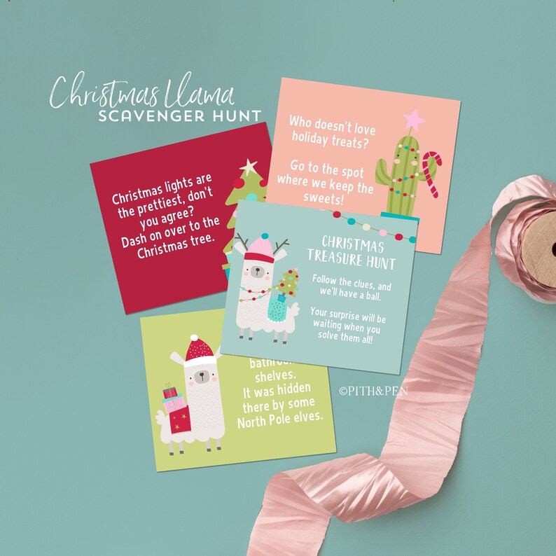 Llama Christmas Treasure Hunt Cards Scavenger Hunt Party | Etsy