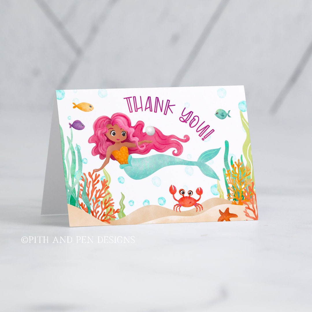 Mermaid Thank You Card, Printable Birthday Note Card, Party Decor, #064 ...