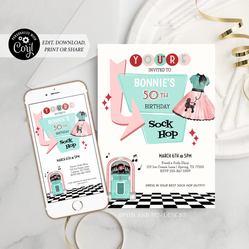 Retro 50's Birthday Party Invitation | Sock Hop | Poodle Skirts ...