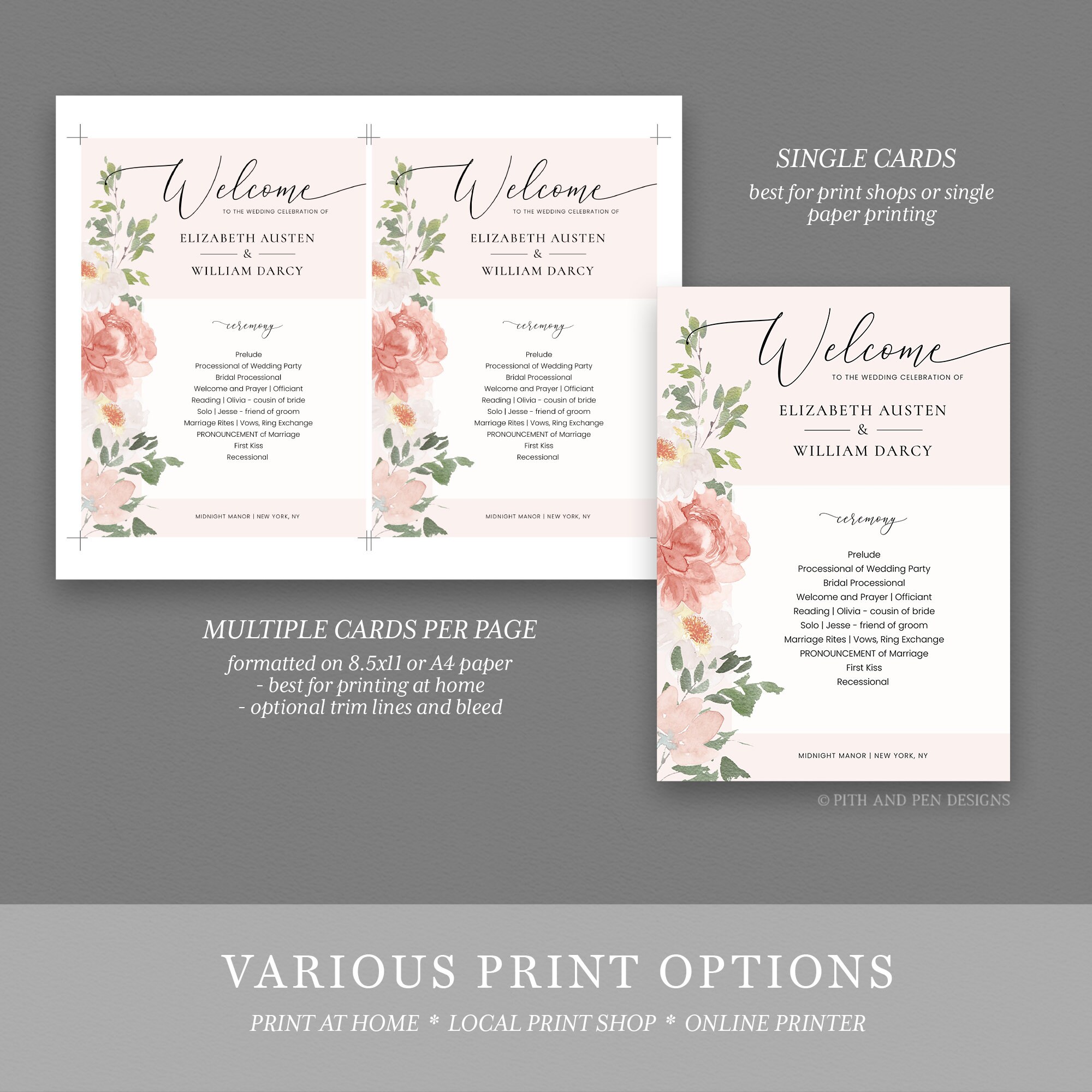Elegant Pink Wedding Program Template 5x7 Program Fan - Etsy