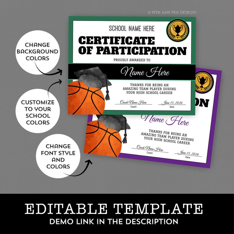 Editable Basketball Participation Certificates | Sports Awards Ceremony ...