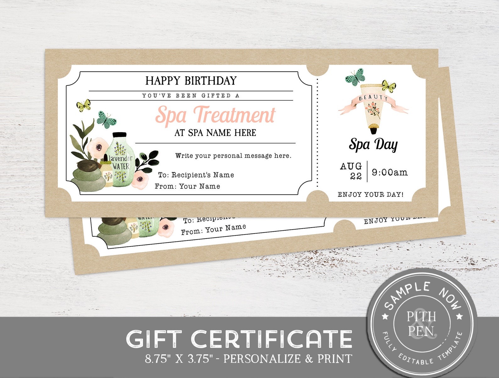 Birthday Gift Certificate, Spa Day Voucher, Instant Download, Corjl ...