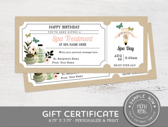 Birthday Gift Certificate Spa Day Voucher Instant Download - Etsy