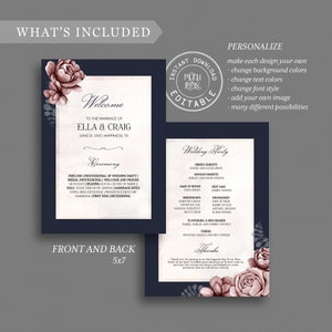 Mauve Wedding Program Template, 5x7 Watercolor Program Fan, Instant Download, Editable Text ...