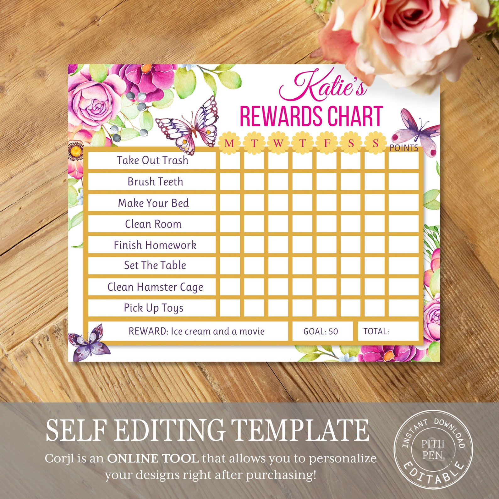 EDITABLE Reward Chart Flowers and Butterflies Kids Chore - Etsy