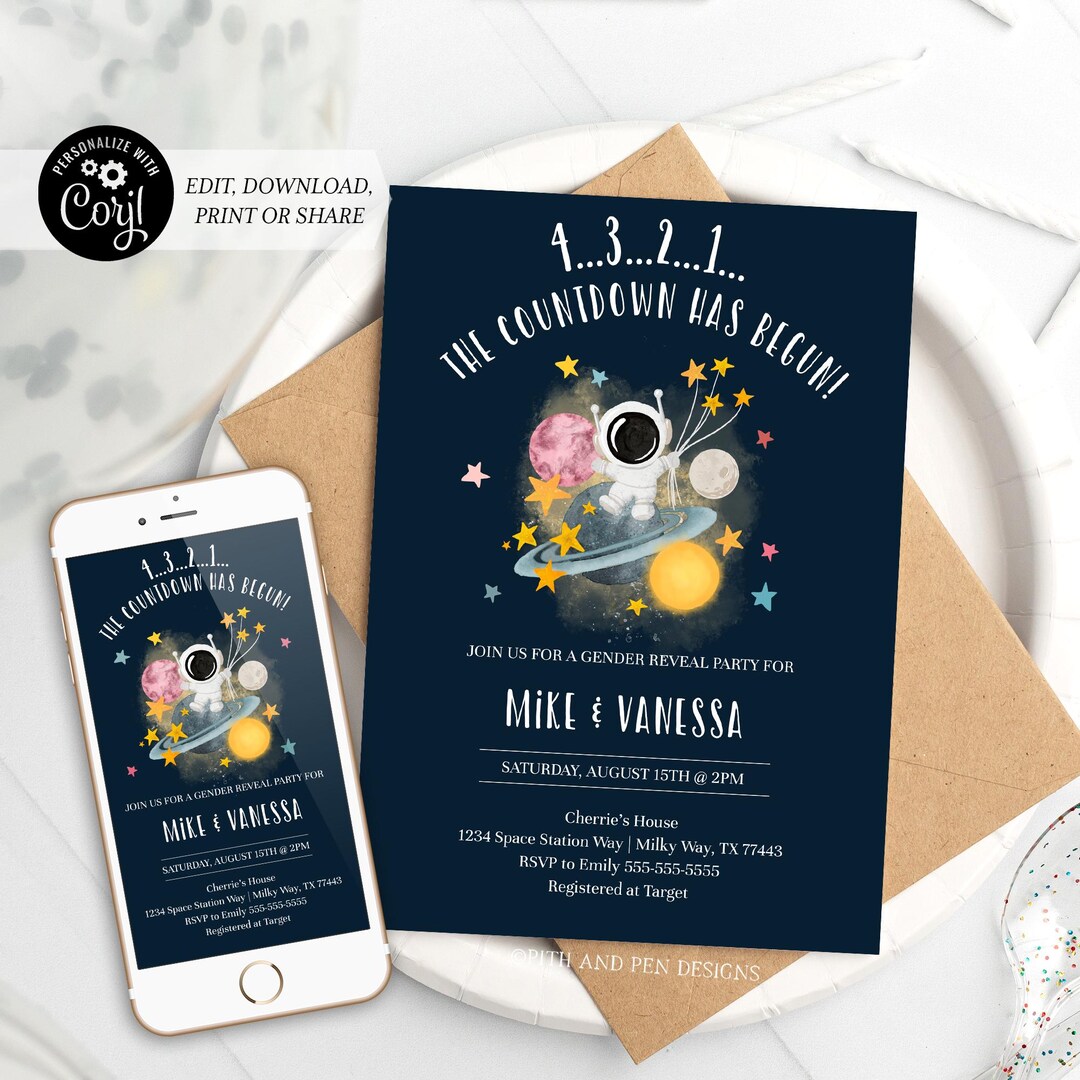Space Gender Reveal Party Invitation | Astronaut Countdown Has Begun ...