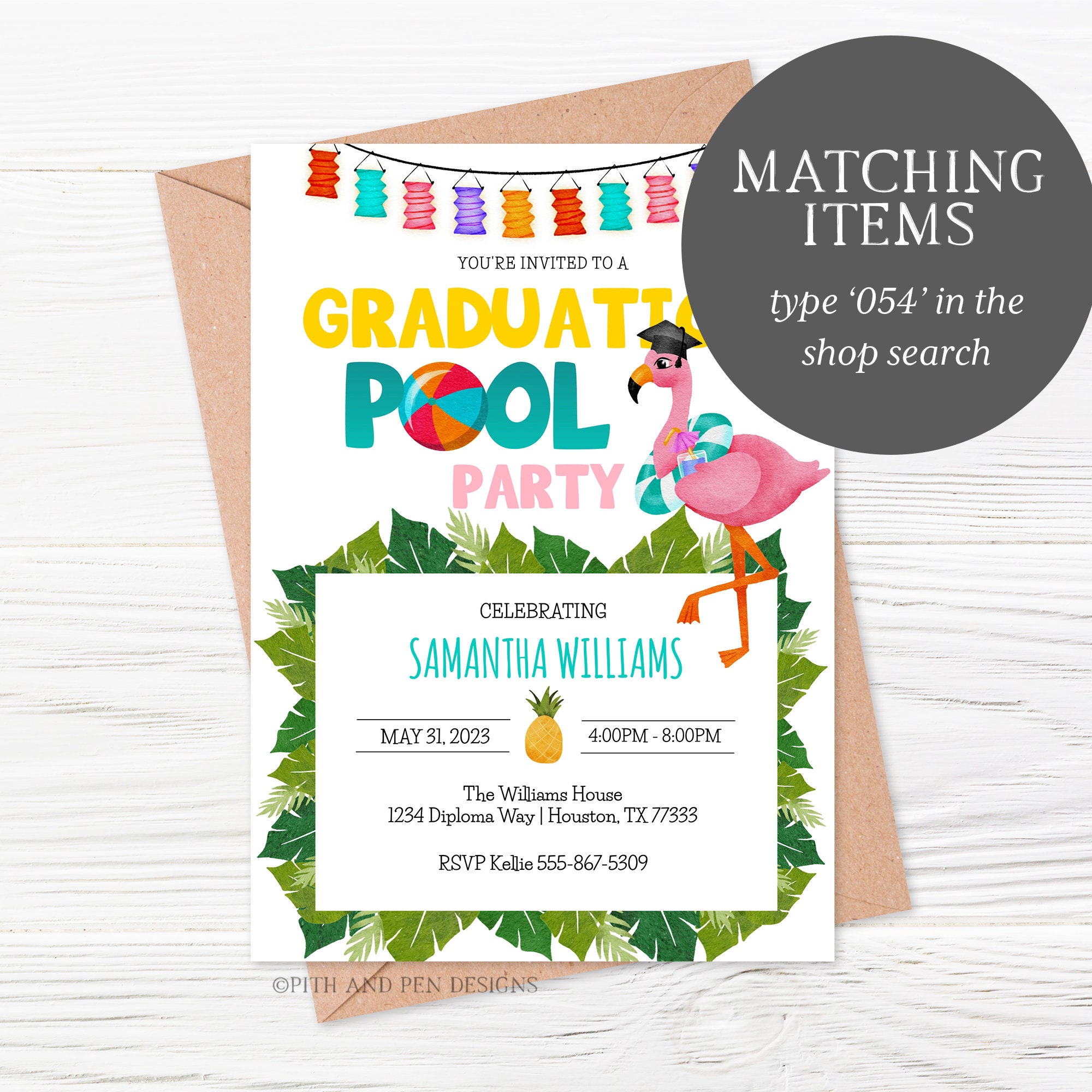 Graduation Pool Party Invitation | Flamingo With Drink | Printable and ...