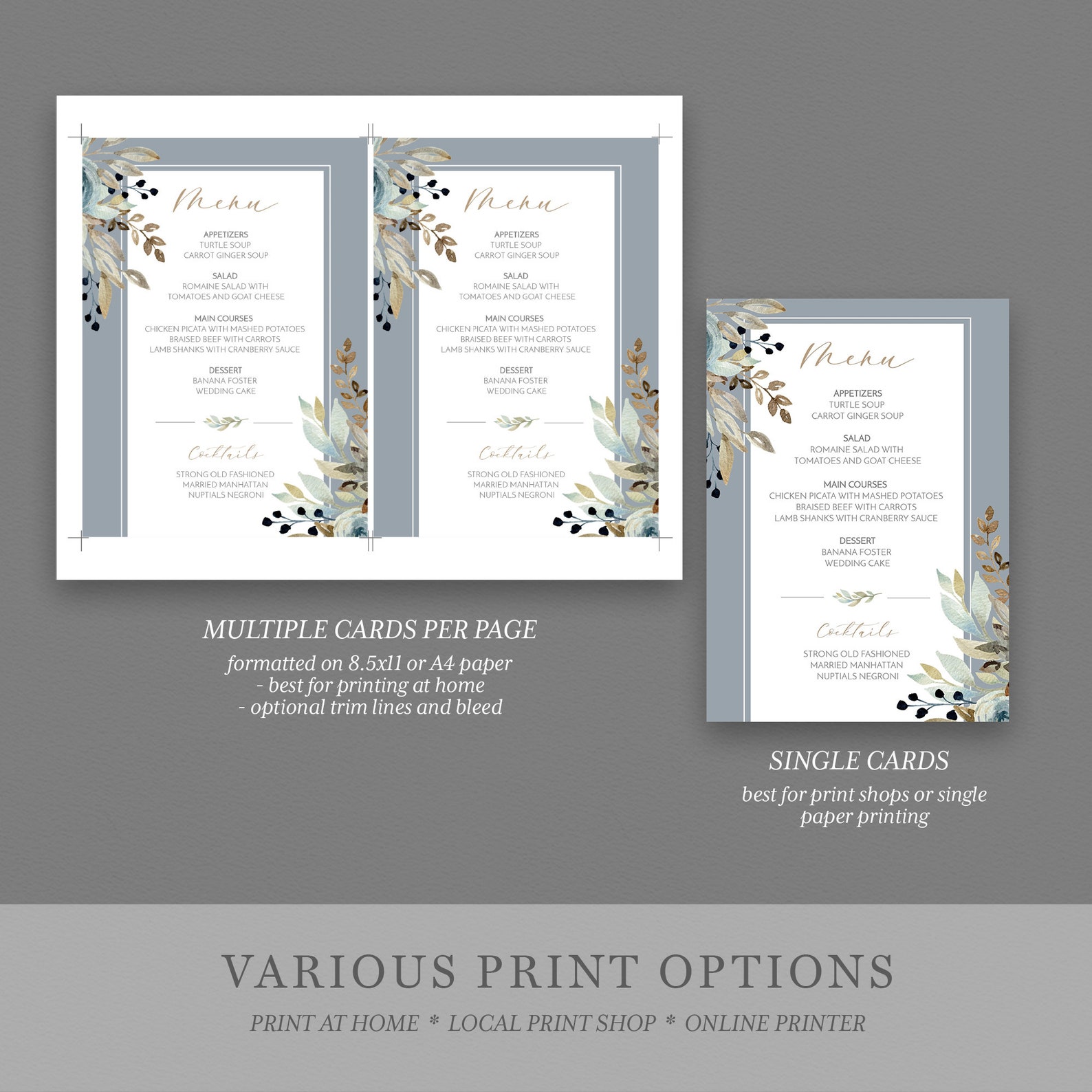 Blue and Gray Wedding Menu Slate Blue Dinner Menu Printable - Etsy
