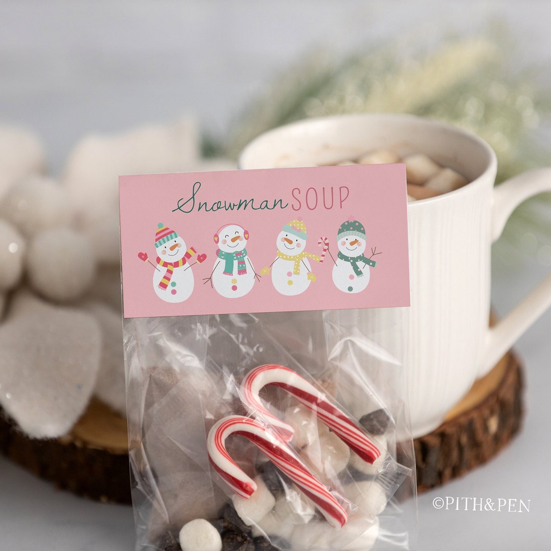 Pink Snowman Soup Folded Gift Tag, Hot Chocolate Holiday Gift Label ...