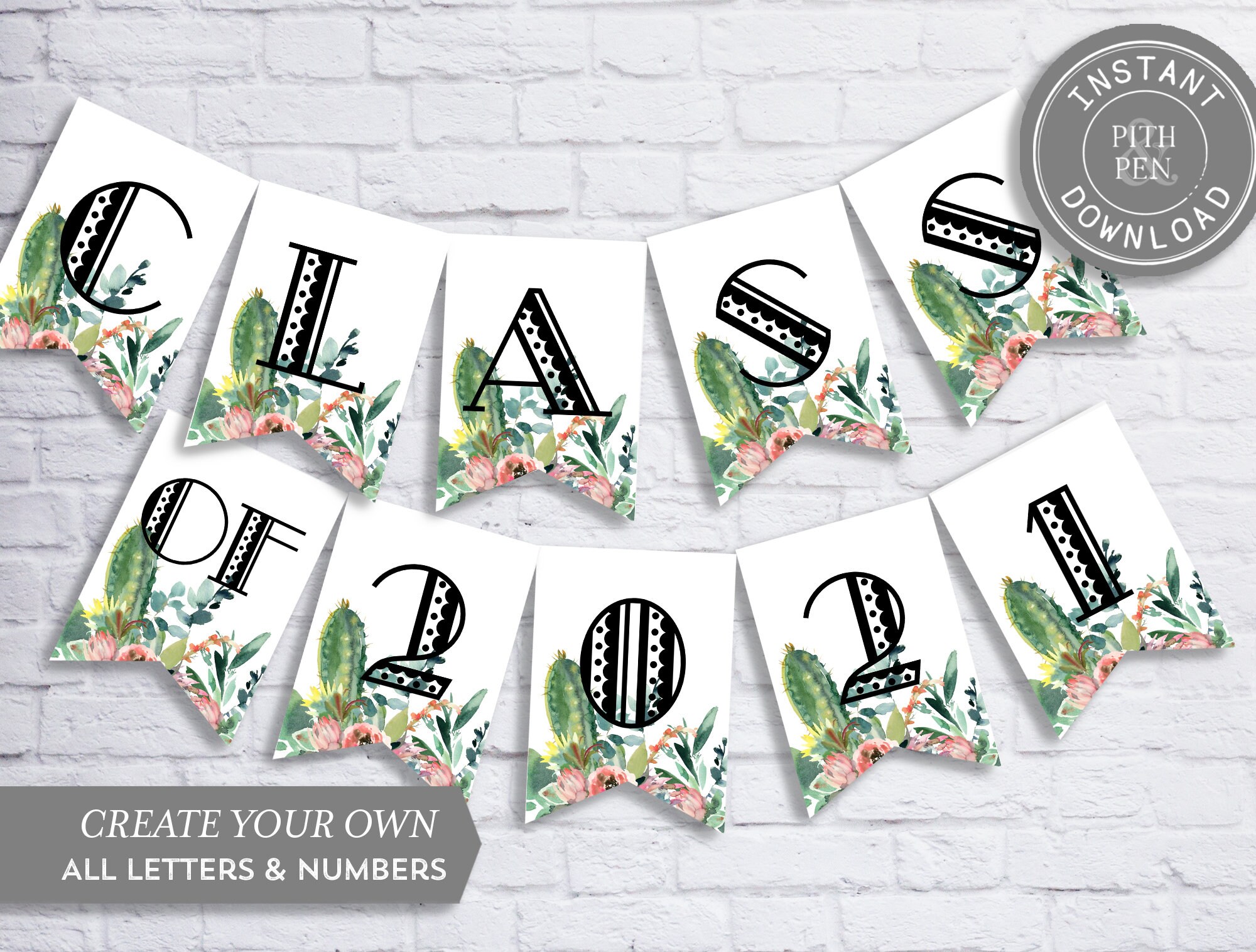 Fiesta Cactus Graduation Banner, Alphabet A-Z, Numbers & Punctuation ...