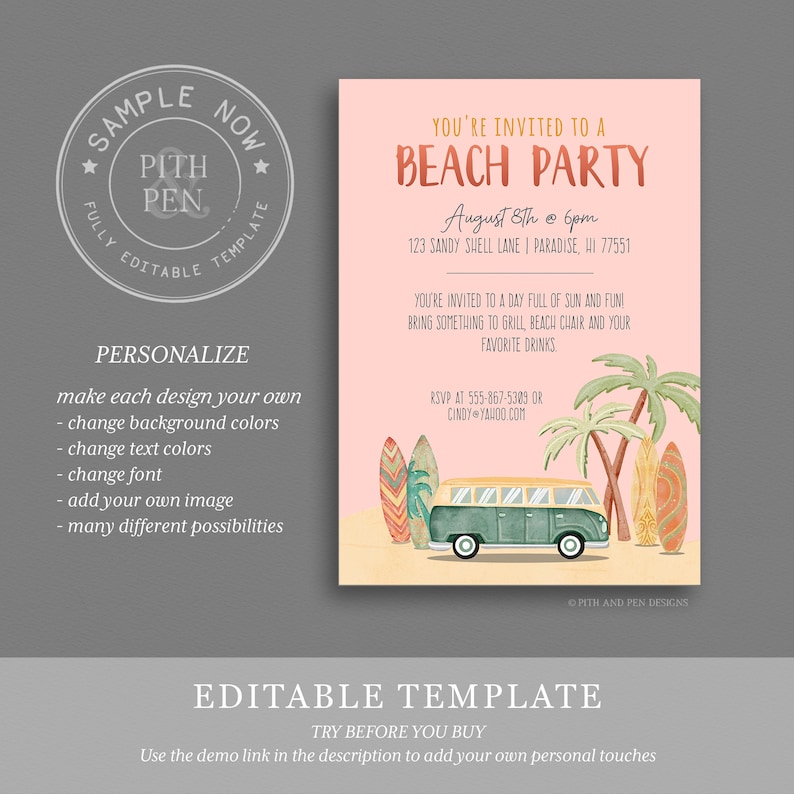Editable Beach Party Invitation DIY Printable Summertime | Etsy