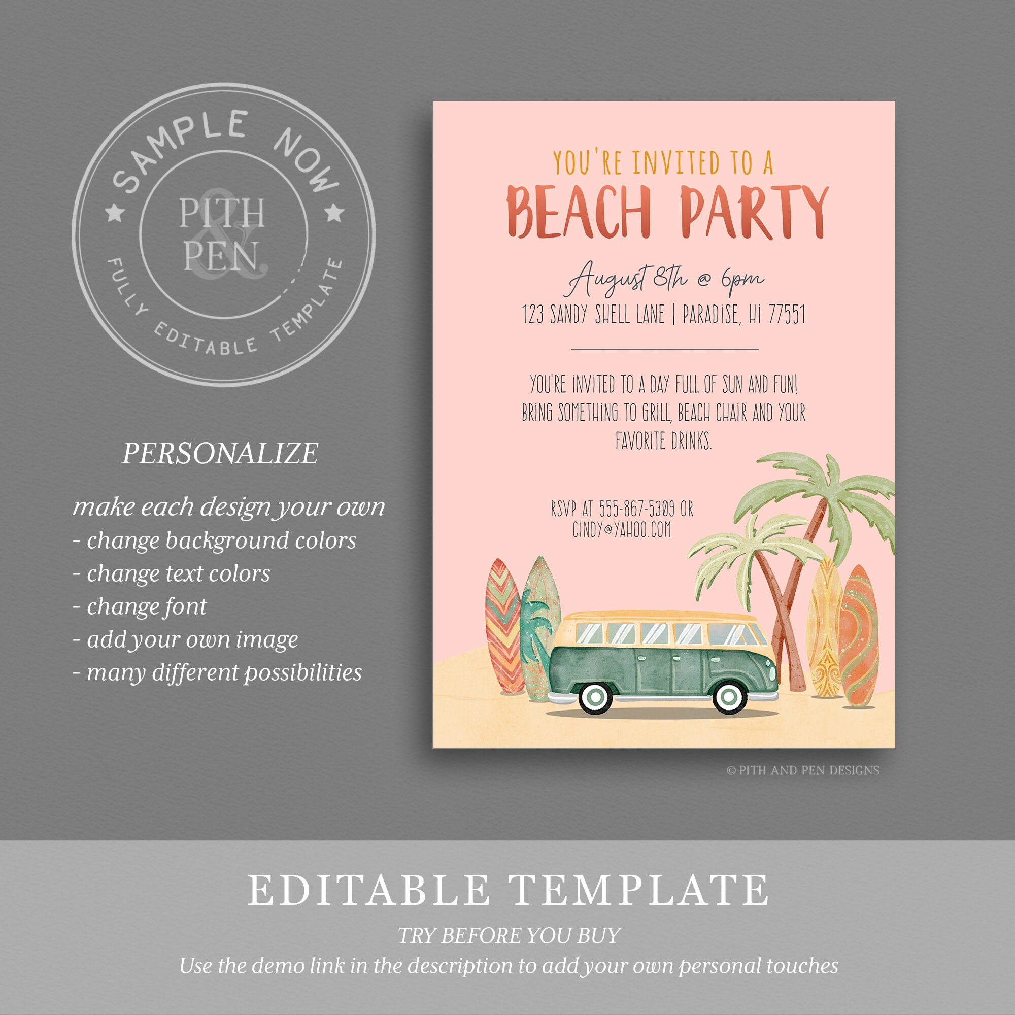 Editable Beach Party Invitation DIY Printable Summertime | Etsy Canada