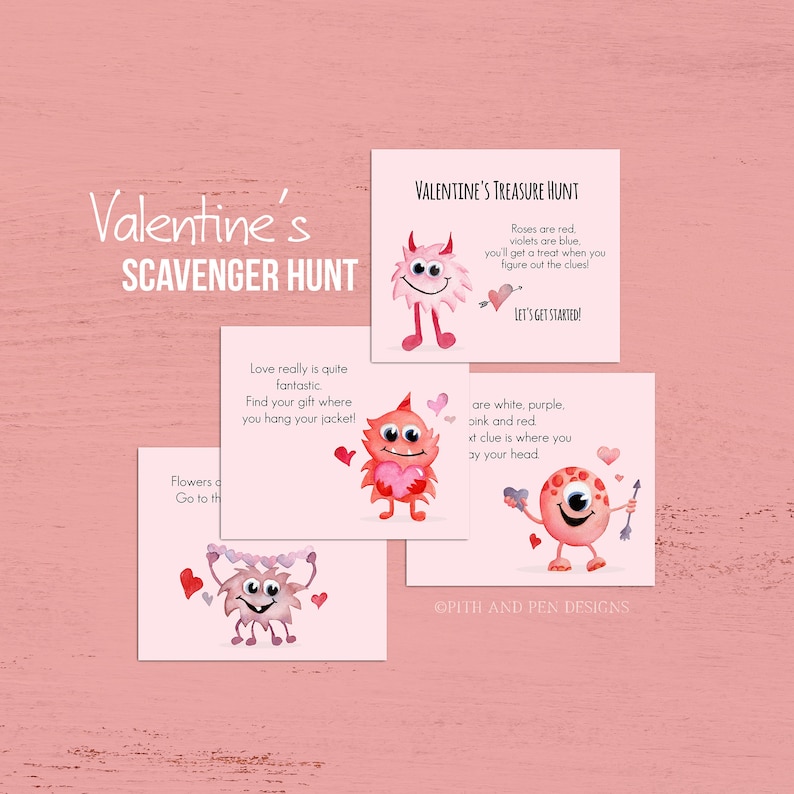 Valentine's Treasure Hunt Cards, Monster Kids Scavenger Hunt, Printable ...