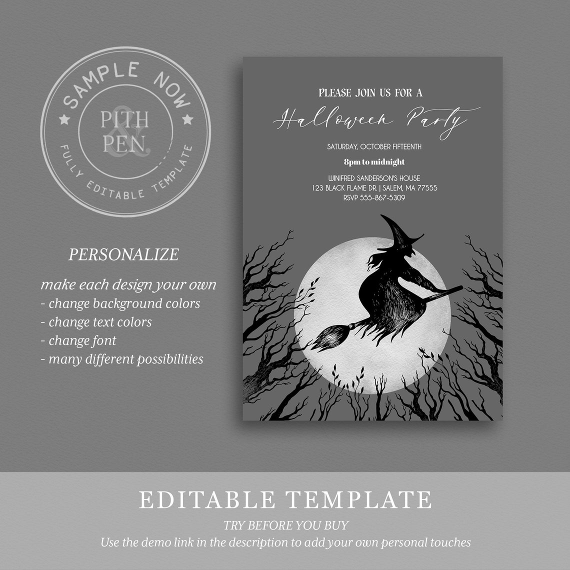 Flying Witch Halloween Invitation Halloween Party Event DIY - Etsy