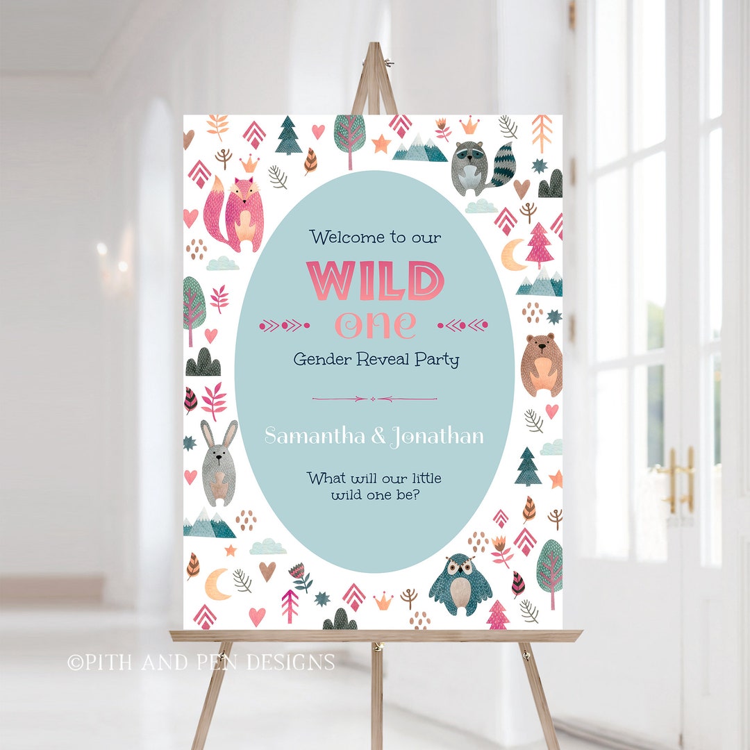Wild One Gender Reveal Sign, Woodlands Forest Animal Party, Corjl 060 ...