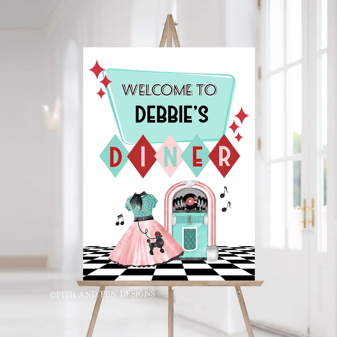 1950's Diner Birthday Party Sign, Printable Sock Hop Welcome Sign ...