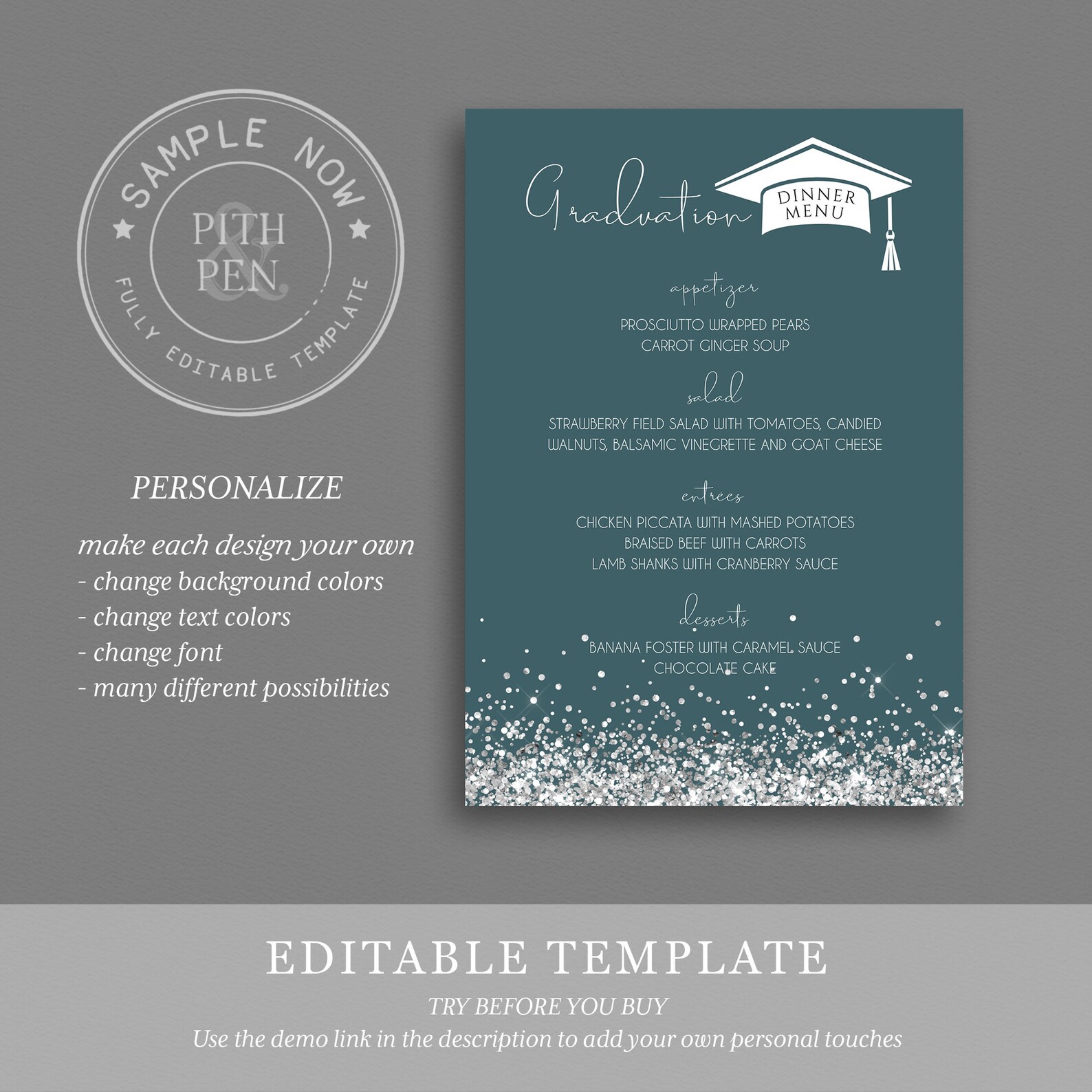 Silver Glitter Graduation Dinner Menu Printable Dinner Menu - Etsy