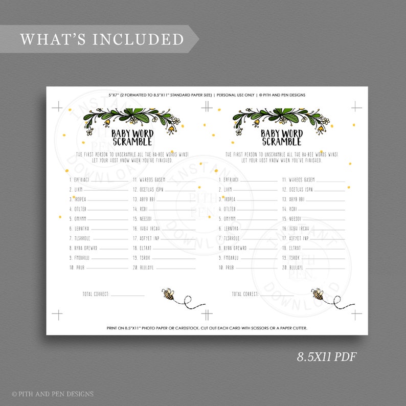 Honey Bee Word Scramble Baby Shower Game Printable Game - Etsy