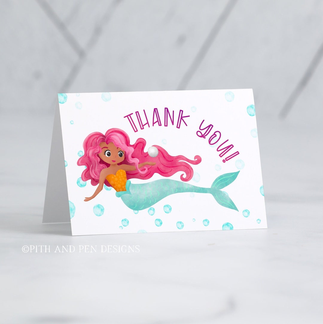 Mermaid Thank You Card, Printable Birthday Note Card, Party Decor, #064 ...