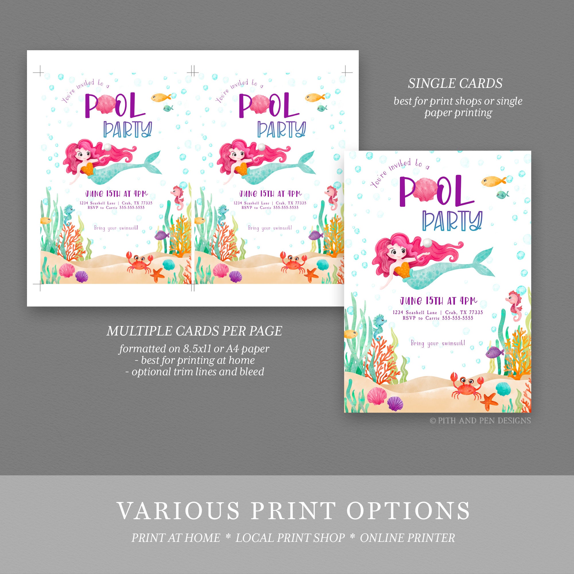 Mermaid Pool Party Invitation Printable Beach Party Corjl - Etsy