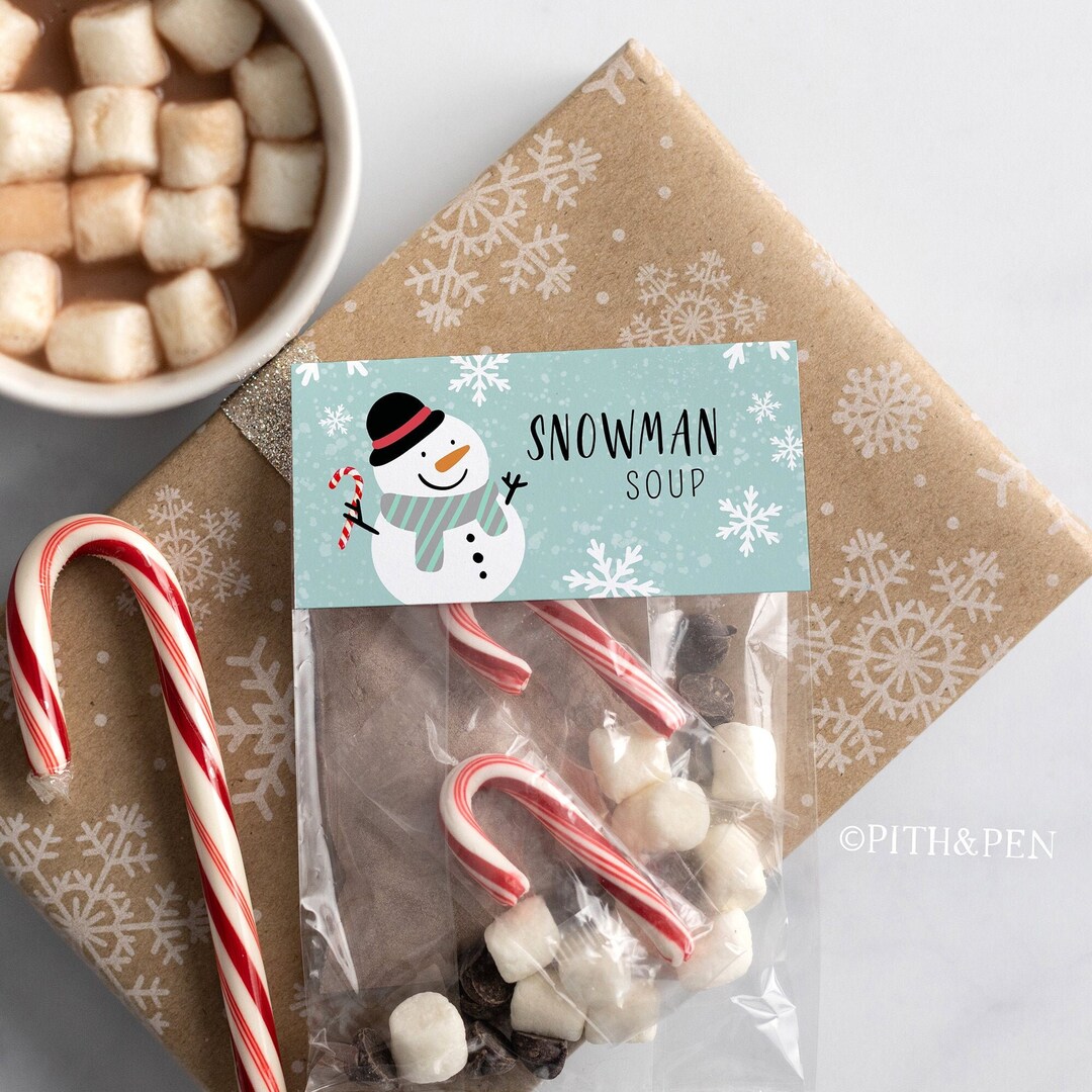 Snowman Soup Folded Gift Tag, Hot Chocolate Holiday Gift Label, Holiday ...