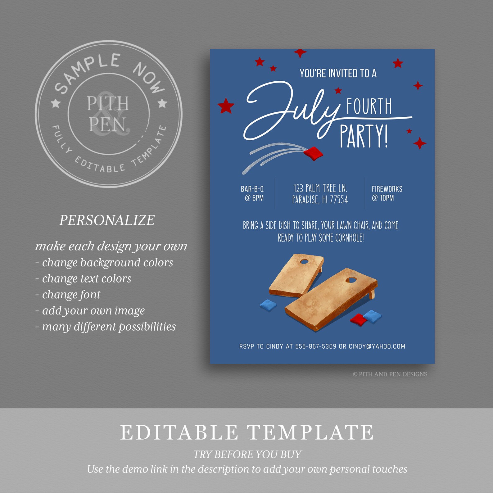4th of July Cornhole Party Invitation DIY 5x7 Printable - Etsy