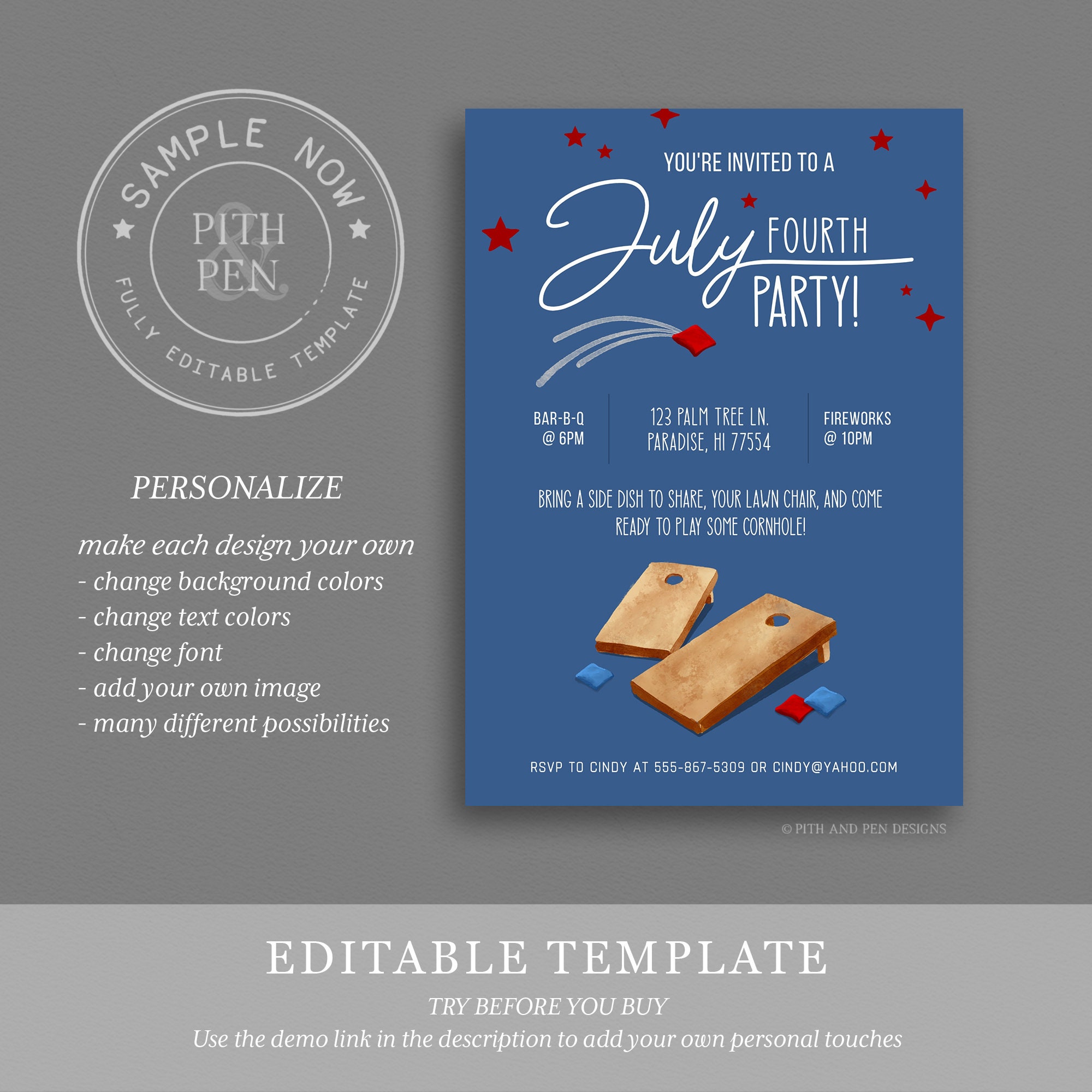 4th of July Cornhole Party Invitation DIY 5x7 Printable - Etsy