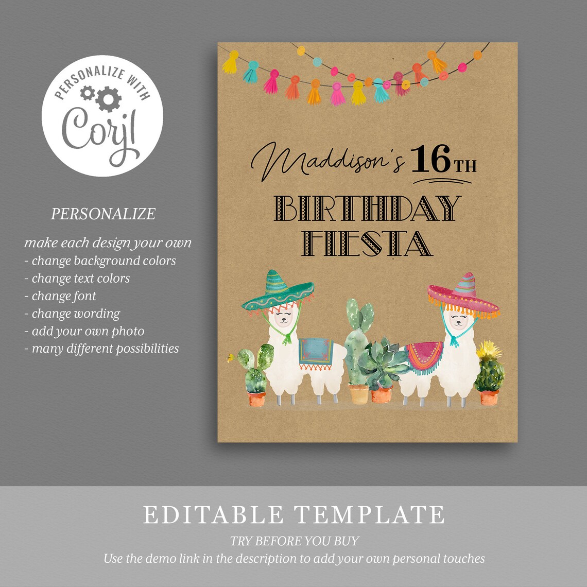 Fiesta Llama Welcome Sign Birthday Party Printable Template | Etsy
