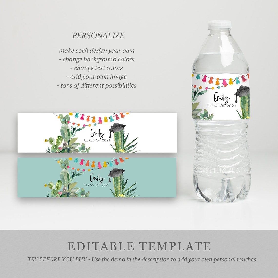 Graduation Fiesta Party Water Bottle Label, PRINTABLE Water Bottle ...