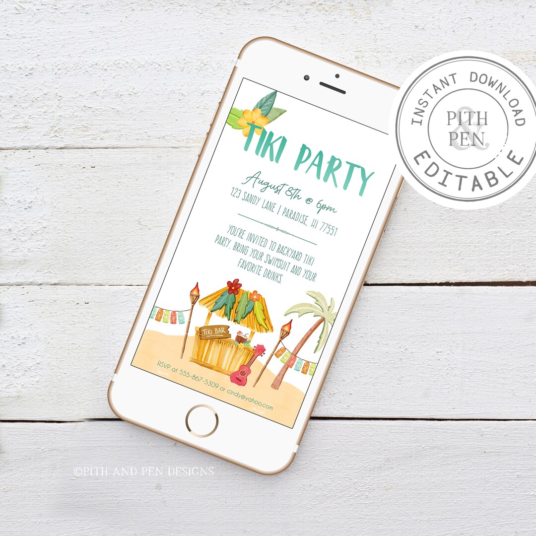 Digital Tiki Party Invitation, Phone Summer Evite, Instant Download ...