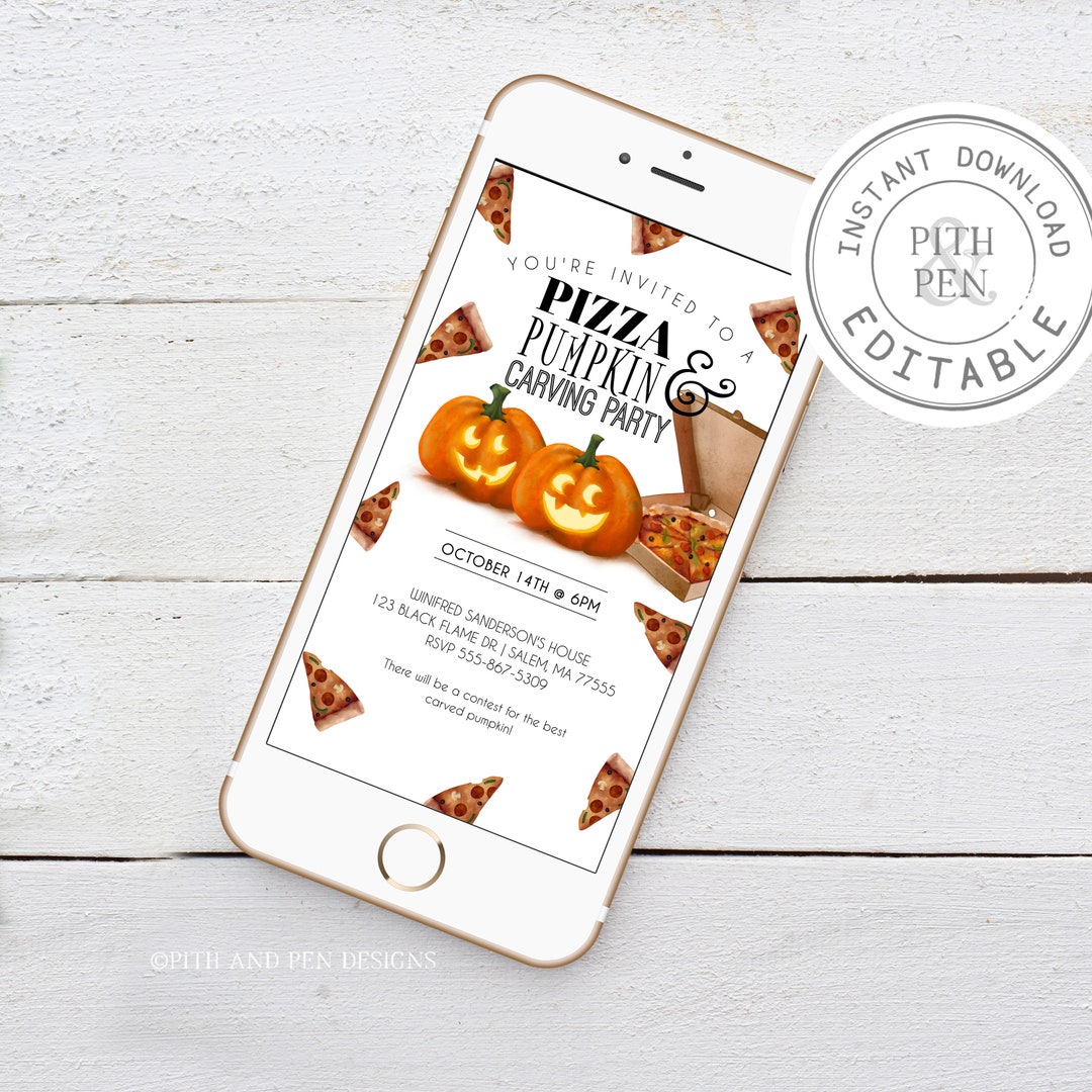 Digital Pizza and Pumpkin Carving Party Invitation, Halloween Invite ...