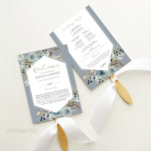 Blue Gray Wedding Program Template, 5x7 Blue Watercolor Program Fan ...