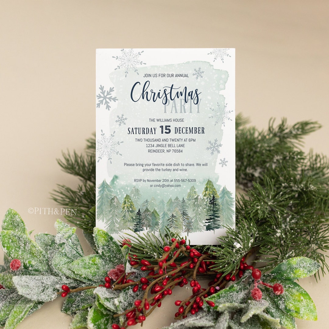 Snowy Trees Christmas Party Invitation, Holiday Party Template, DIY ...