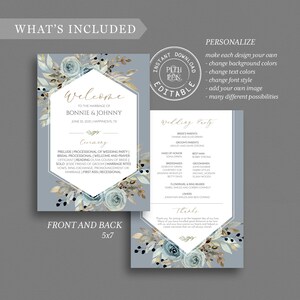 Blue Gray Wedding Program Template, 5x7 Blue Watercolor Program Fan ...