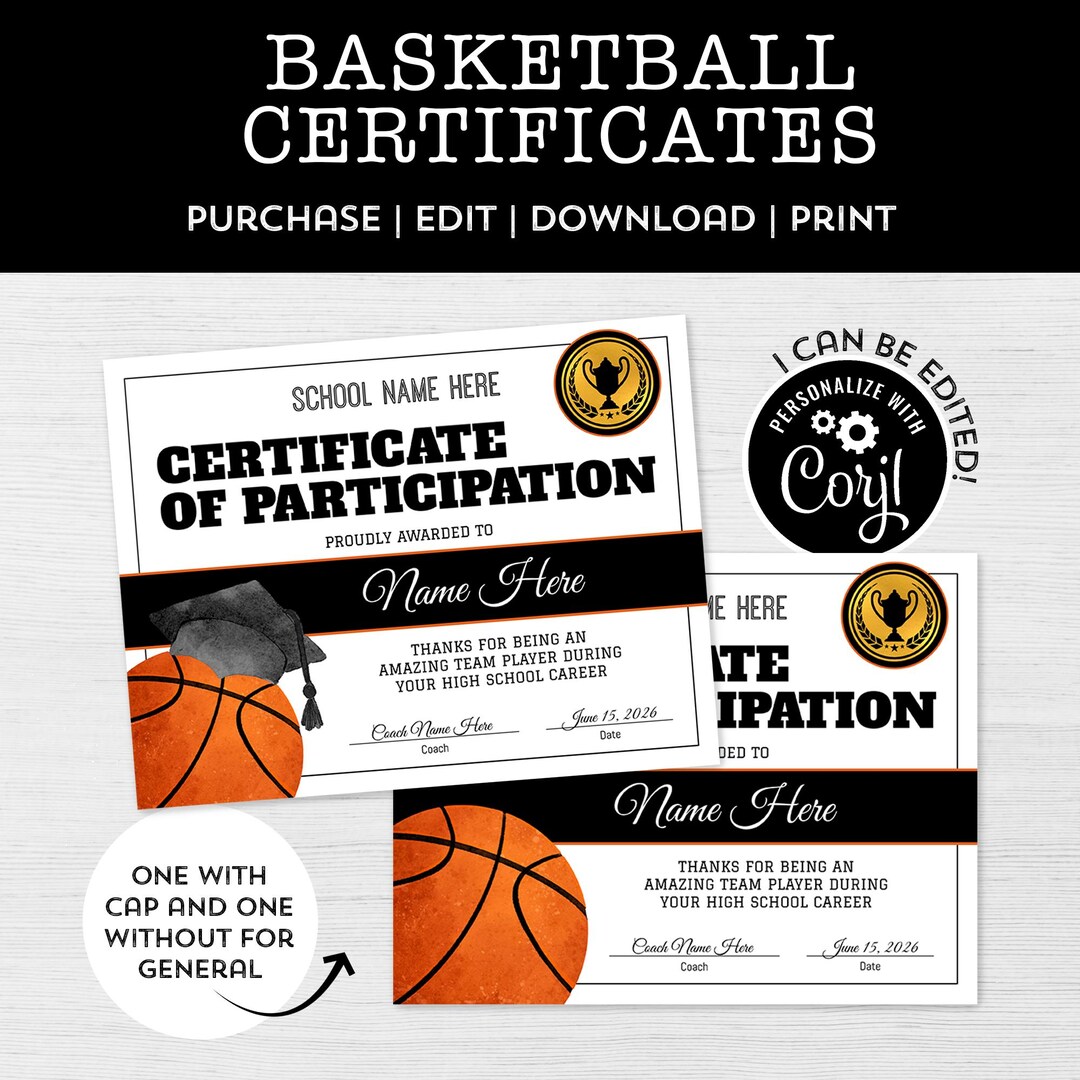 Editable Basketball Participation Certificates | Sports Awards Ceremony ...