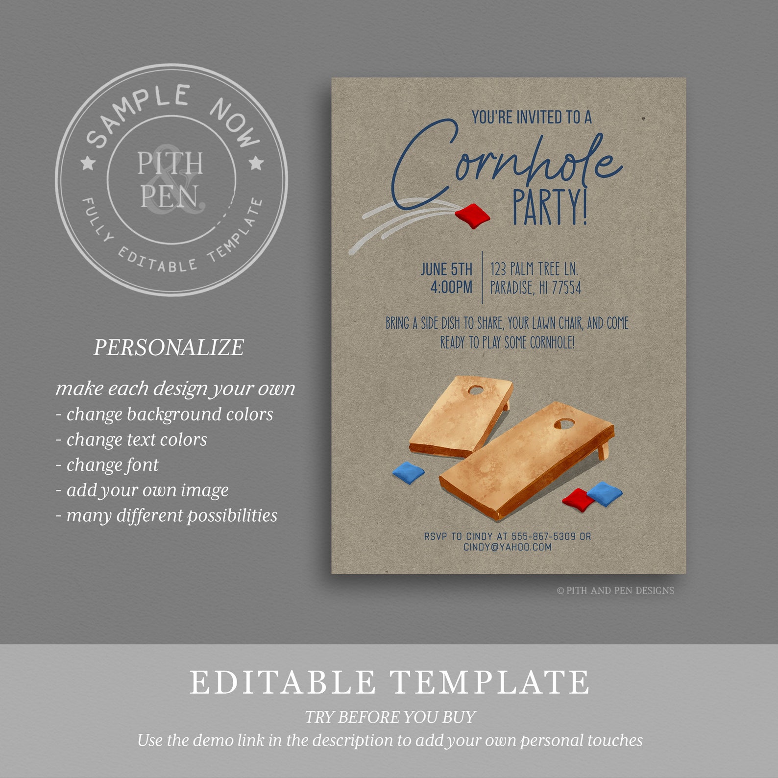 Editable Cornhole Party Invitation DIY Electronic Invite - Etsy