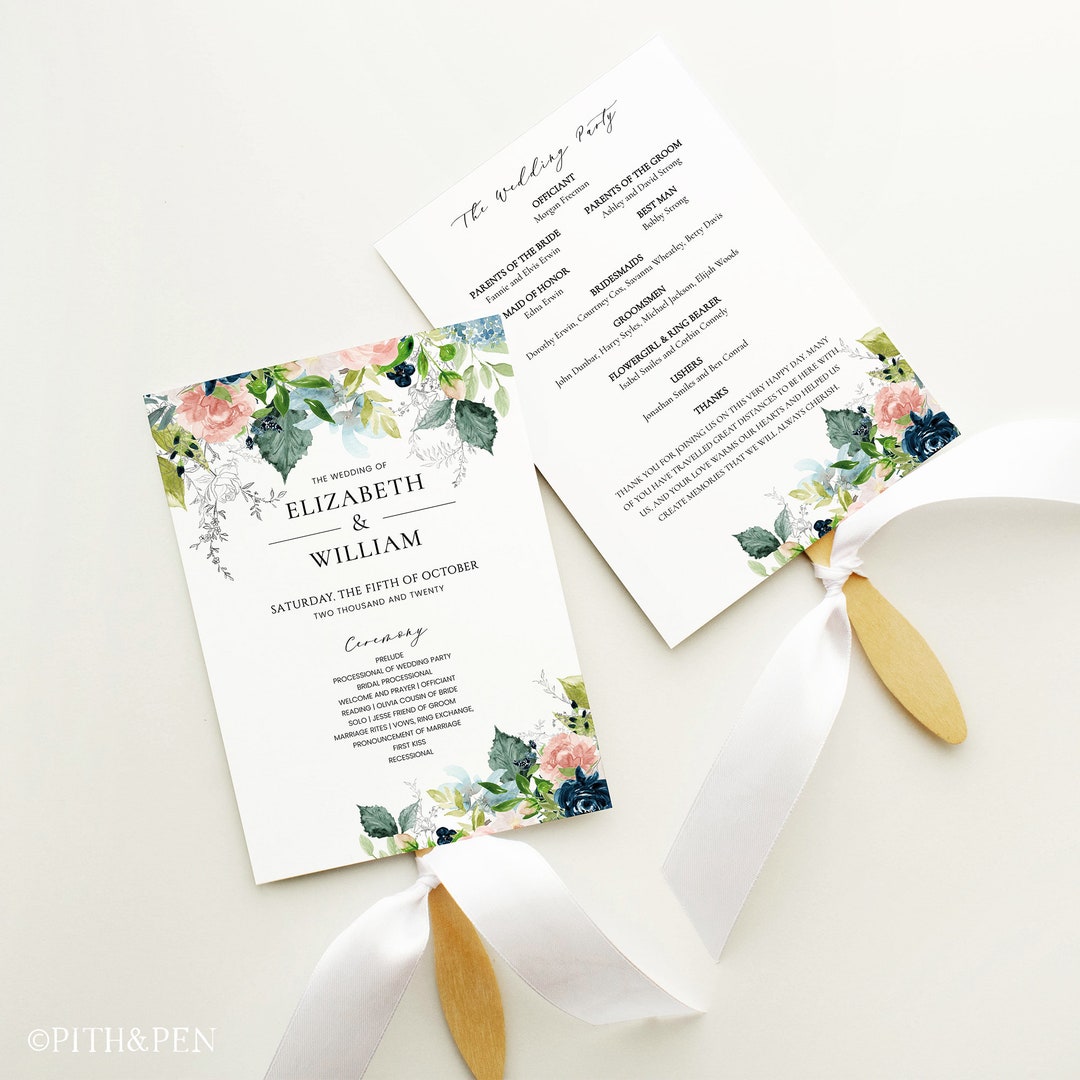 Blue and Blush Wedding Program Template, 5x7 Watercolor Program Fan ...