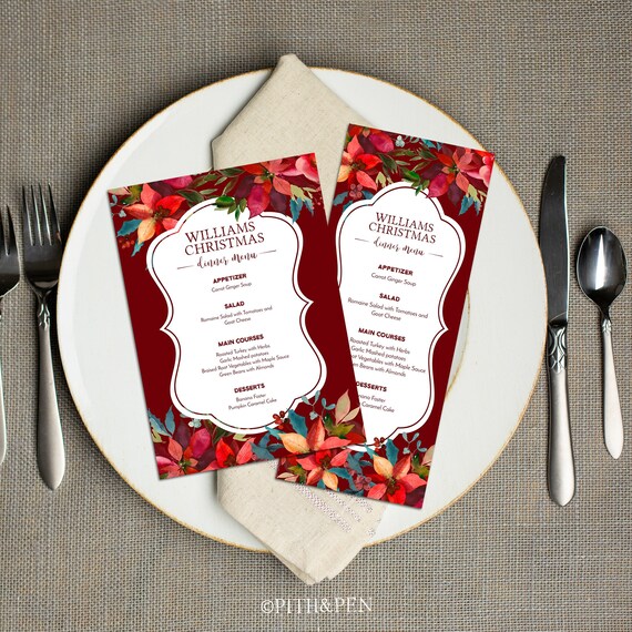 Editable Christmas Dinner Menu Holiday Poinsettias Printable | Etsy