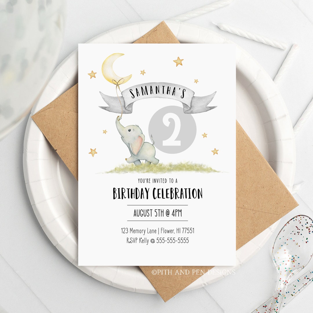 Elephant Birthday Party Invitation, Printable 5x7 Card, Instant ...