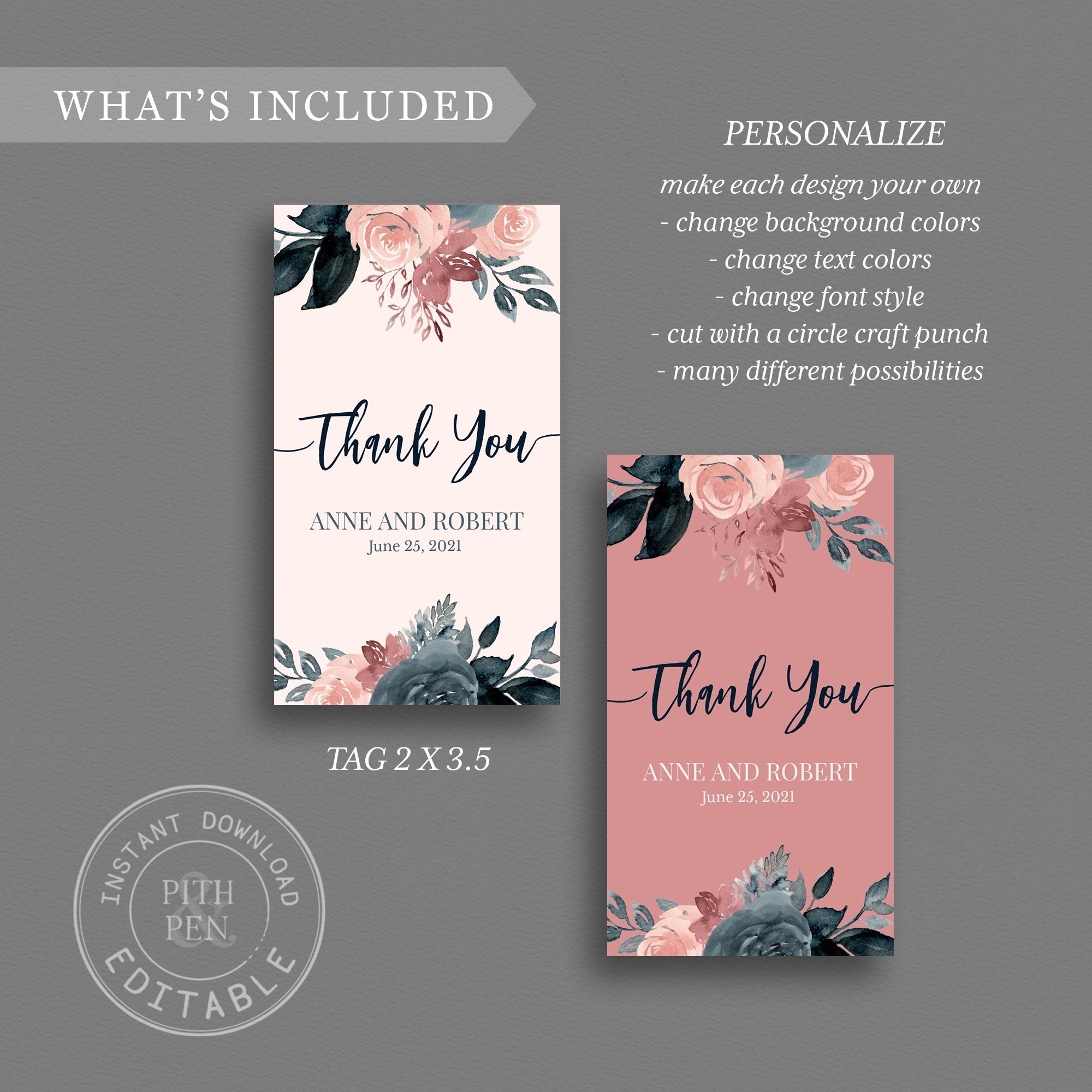 Mauve Wedding Gift Tag Printable Navy Flower Favor Label - Etsy