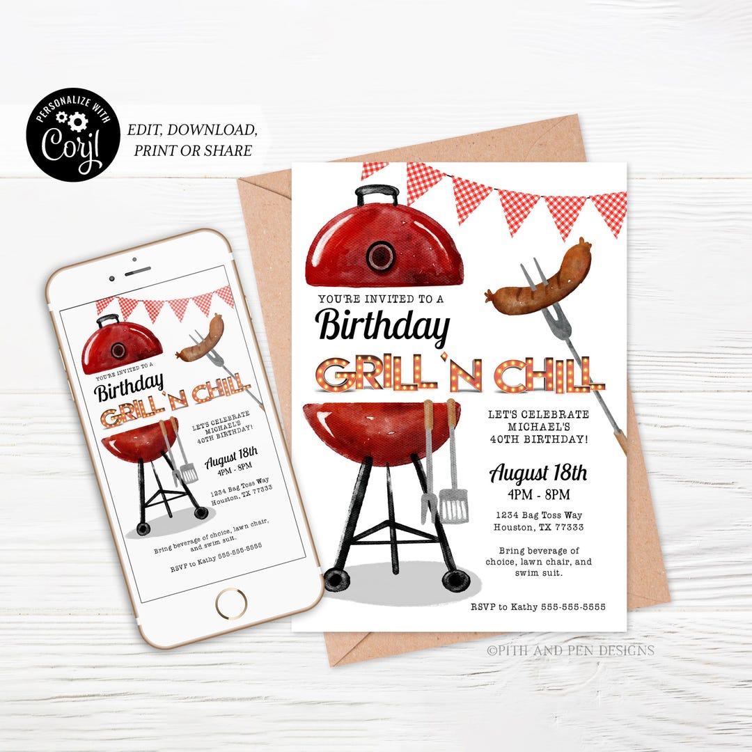 Grill and Chill Birthday Invitation | BBQ Party| Printable and Digital ...