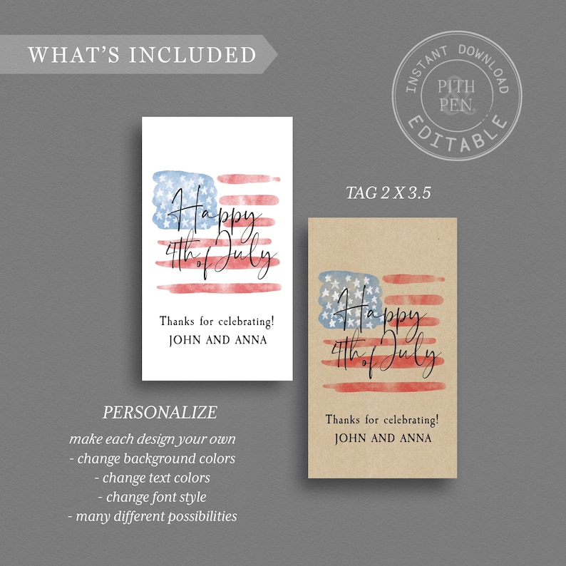 4th of July Favor Tag, PRINTABLE Gift Tag, Instant Download, Corjl 036 ...