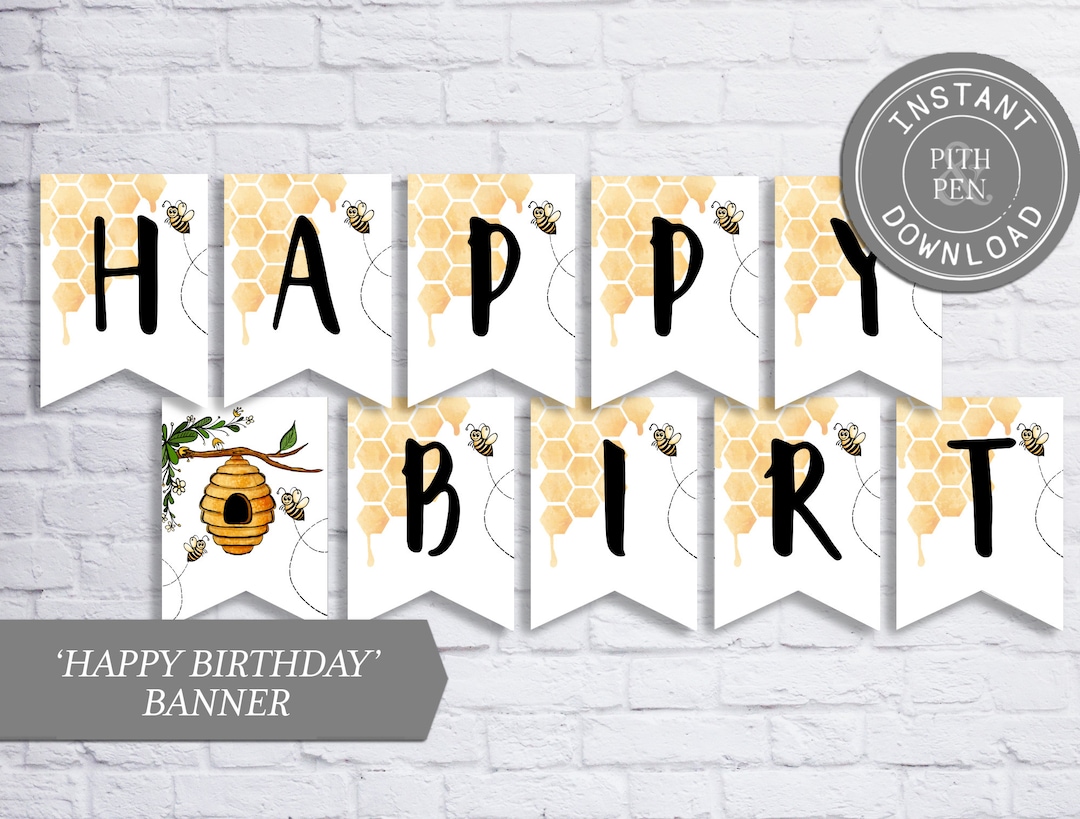 Happy Birthday Banner Honey Bee, Birthday Party Banner, Instant ...