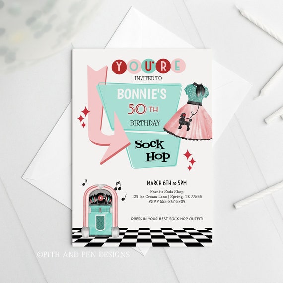 Retro 50's Birthday Party Invitation Printable Sock Hop - Etsy