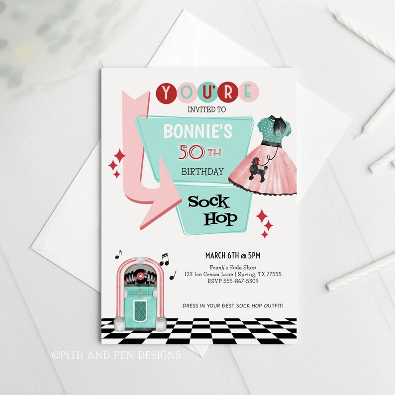 Retro 50's Birthday Party Invitation Printable Sock Hop - Etsy